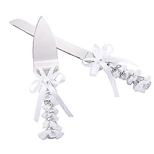 TANG SONG Elegant Stainless Steel Wedding Cake Knife and Serving Set Resin Plastic Handle with Heart Beads and Bowknot Riband Lace Design
