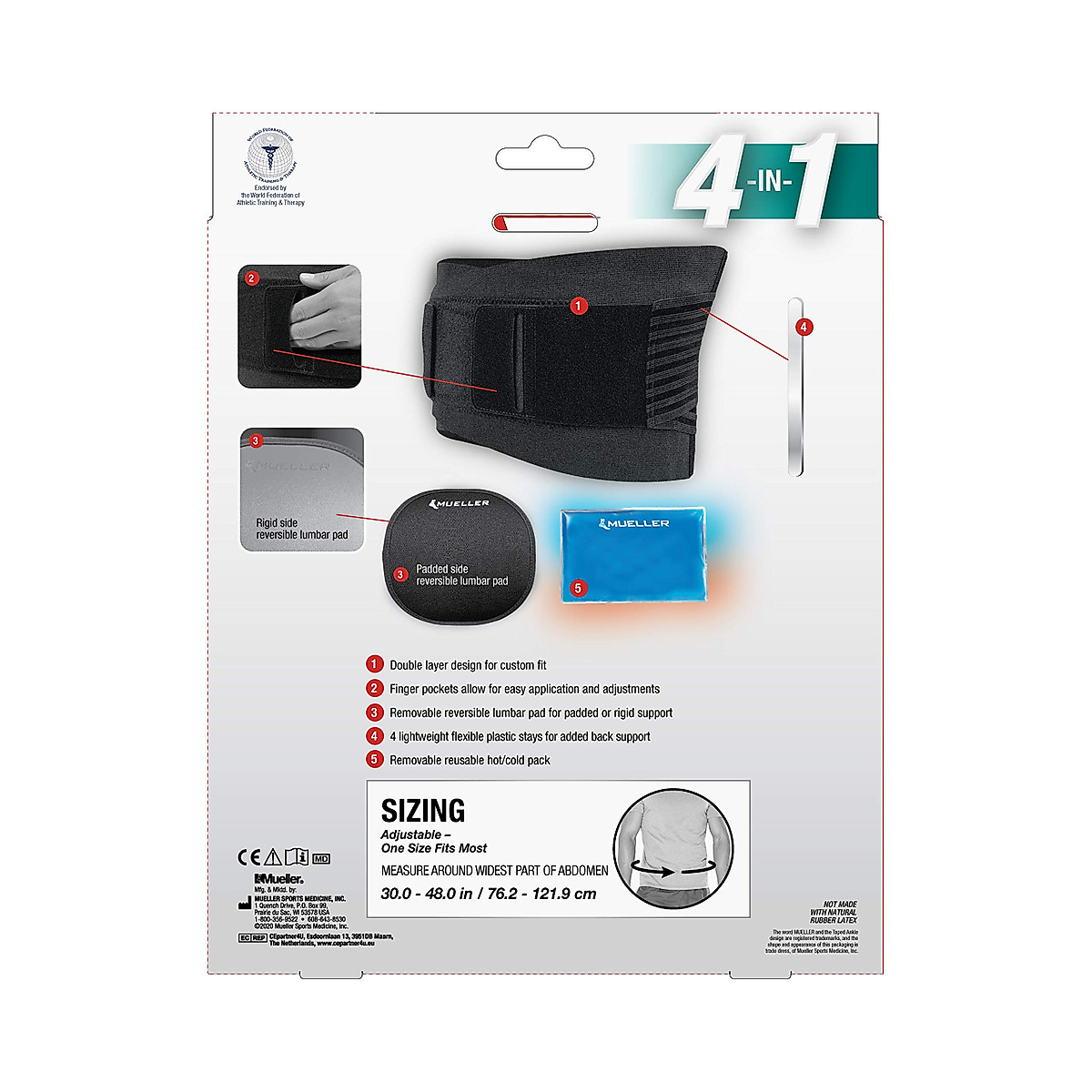 MUELLER Sports Medicine 4-in-1 Lumbar Back Brace with Removable Hot/Cold Pack, for Men and Women, Black, One Size