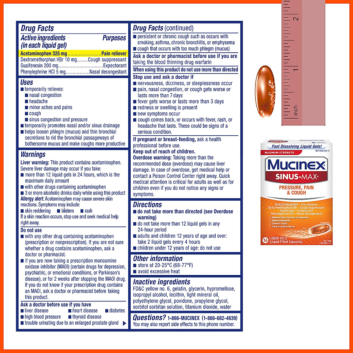 Mucinex Sinus-Max Maximum Strength Pressure, Pain & Cough, Sinus Symptom Relief, Pain Reliever, Cough Suppressant, Expectorant and Nasal Decongestant, 16 Liquid Gels (Pack of 3)