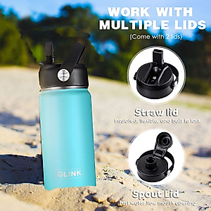GLINK 12oz Kids Stainless Steel Water Bottle with Straw, Wide Mouth Double Wall Vacuum Insulated Water Bottle Leakproof for Toddler, Straw Lid and Spout Lid with New Rotating Rubber - Turquoise