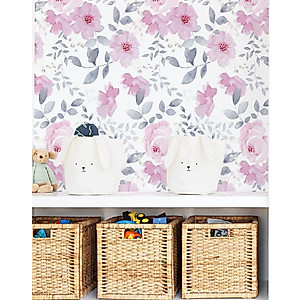 Floral Wallpaper Floral Contact Paper Peel and Stick Wallpaper Boho Wallpaper for Bedroom Pink Flower Wallpaper Leaf Wallpaper Self-Adhesive Removable Wallpaper Watercolor Kids Nursery 17.3“×78.7”