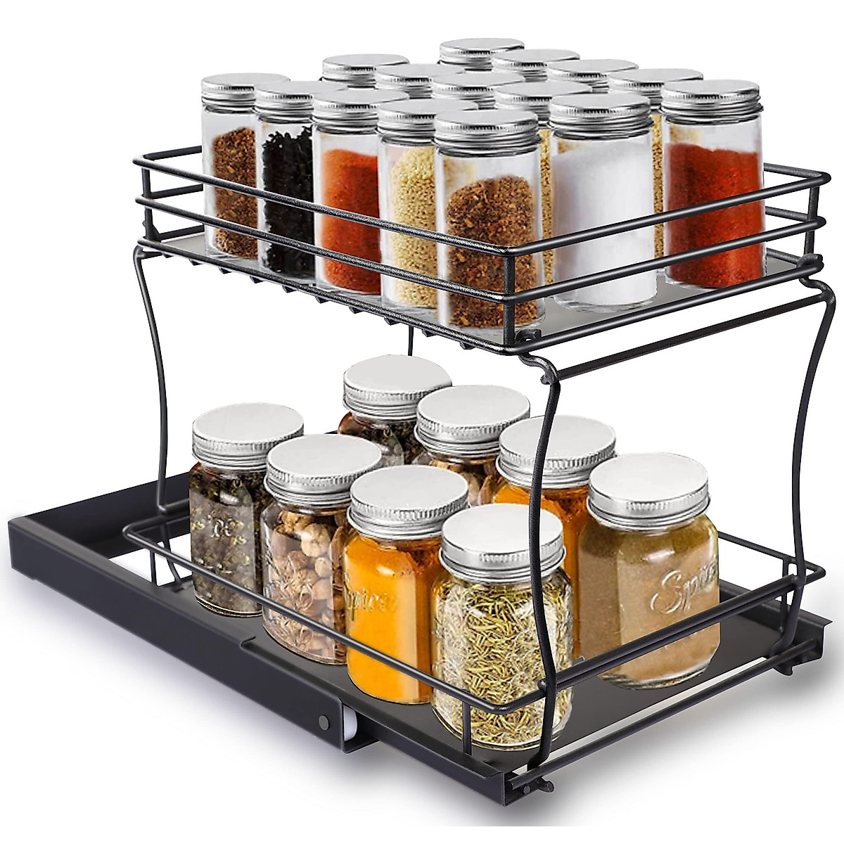 Pull Out Snack Cupboard Organizers with Two Tier Sliding Small Spice Rack for Inside Cabinet,Under Kitchen Bathroom Sink Drawer Organization Baskets and Storage Fits Spices, Sauces, Cans (10"x8"x8")