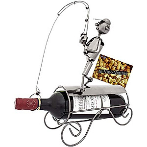 BRUBAKER Wine Bottle Holder 'Fisherman Catching Fish' - Table Top Metal Sculpture - with Greeting Card