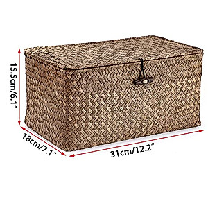 Hipiwe Wicker Shelf Baskets Bin with Lid, Handwoven Seagrass Basket Storage Bins Rectangular Household Basket Boxes for Shelf Wardrobe Home Organizer, Coffee Medium