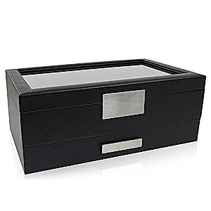 Glenor Co Watch Box with Valet Drawer for Men - 12 Slot Luxury Watch Case Display Organizer, Carbon Fiber Design - Metal Buckle for Mens Jewelry Watches, Men's Storage Boxes Holder has Large Glass Top