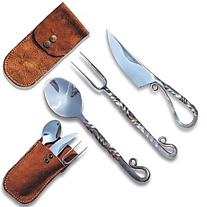 Customize 3 piece Viking Medieval Cutlery Set, Hand Forged Medieval Feasting Set, Handmade Twisted Pattern Eating Utensil Set, Flatware Carbon Steel Set with Leather Pouch