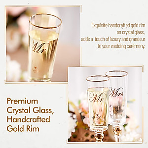 DUJUST Crystal Glass Wedding Champagne Flutes, Mr & Mrs Champagne Glasses with Handcrafted Gold Rim & Diamond Design, Square Bride and Groom Champagne Flutes, Valentine's Day Gift, Gift Package