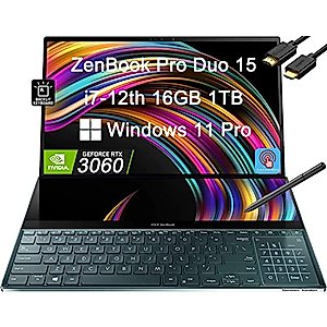 ASUS ZenBook Pro Duo 15 UX582 15.6" FHD OLED Touchscreen (Intel 14-Core i7-12700H, 16GB DDR5 RAM, 1TB SSD, GeForce RTX 3060 6GB) Business Laptop, ScreenPad Plus, Backlit, IST HDMI, Stylus, Win 11 Pro