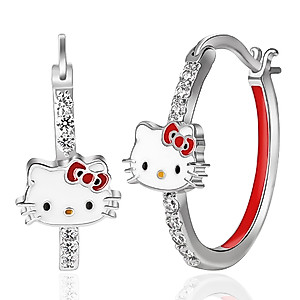 Sanrio Hello Kitty Womens Hoop Earrings - Cubic Zirconia and Enamel Plated Hello Kitty Earrings Officially Licensed