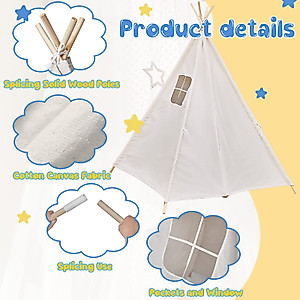 Berlune 3 Set Teepee Tents for Kids 6ft Cotton Canvas Play Tents with LED String Lights Indoor Outdoor Tents Kids Tipi Tents for Girls Boys Party Favor(3 Set, White, Ridge)