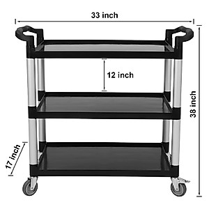 Service Cart Heavy Duty 3-Shelf Rolling Utility/Push Cart with Lockable Wheels, 360 lbs. Capacity, Black, for Foodservice/Restaurant/Cleaning