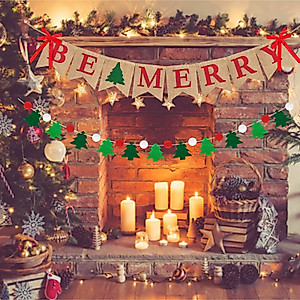 2Pcs Merry Christmas Banner, Be Merry Burlap Banner Felt Ball Christmas Tree Pom Pom Garland Happy Holidays Banner for Mantle Fireplace Christmas Xmas Party Holiday Decorations Home Outdoor Indoor
