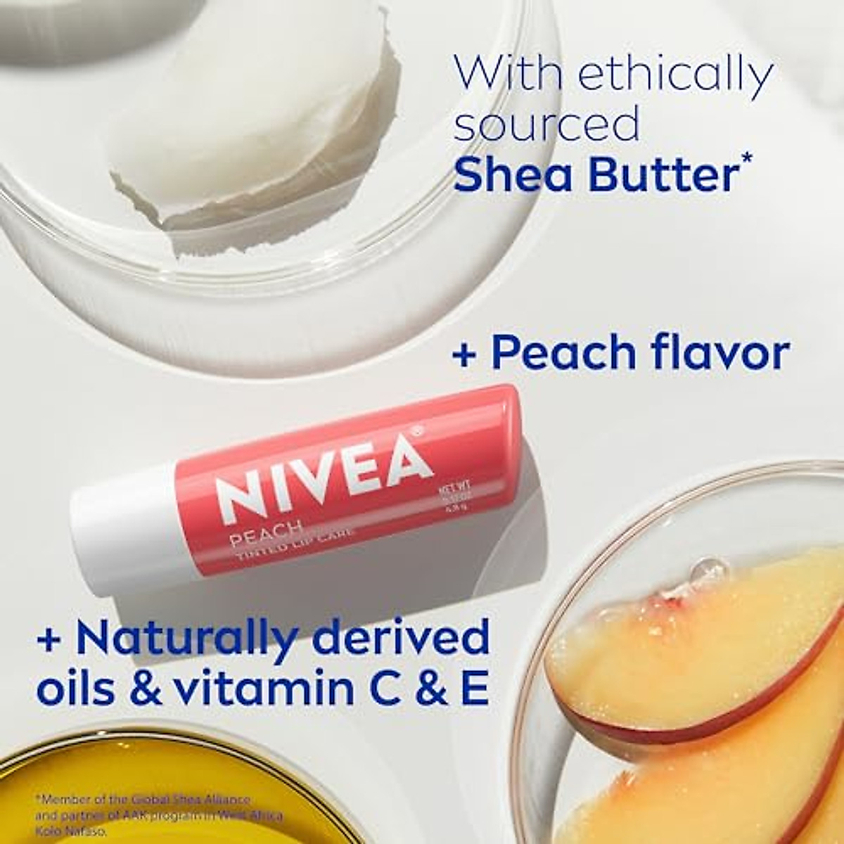 NIVEA Peach Lip Care, Tinted Lip Balm Pack with Shea Butter, Nourishing Oils and Vitamin C & E, 3-in-1 Moisture, Repair and Color, 0.17 Oz Stick, Pack of 4