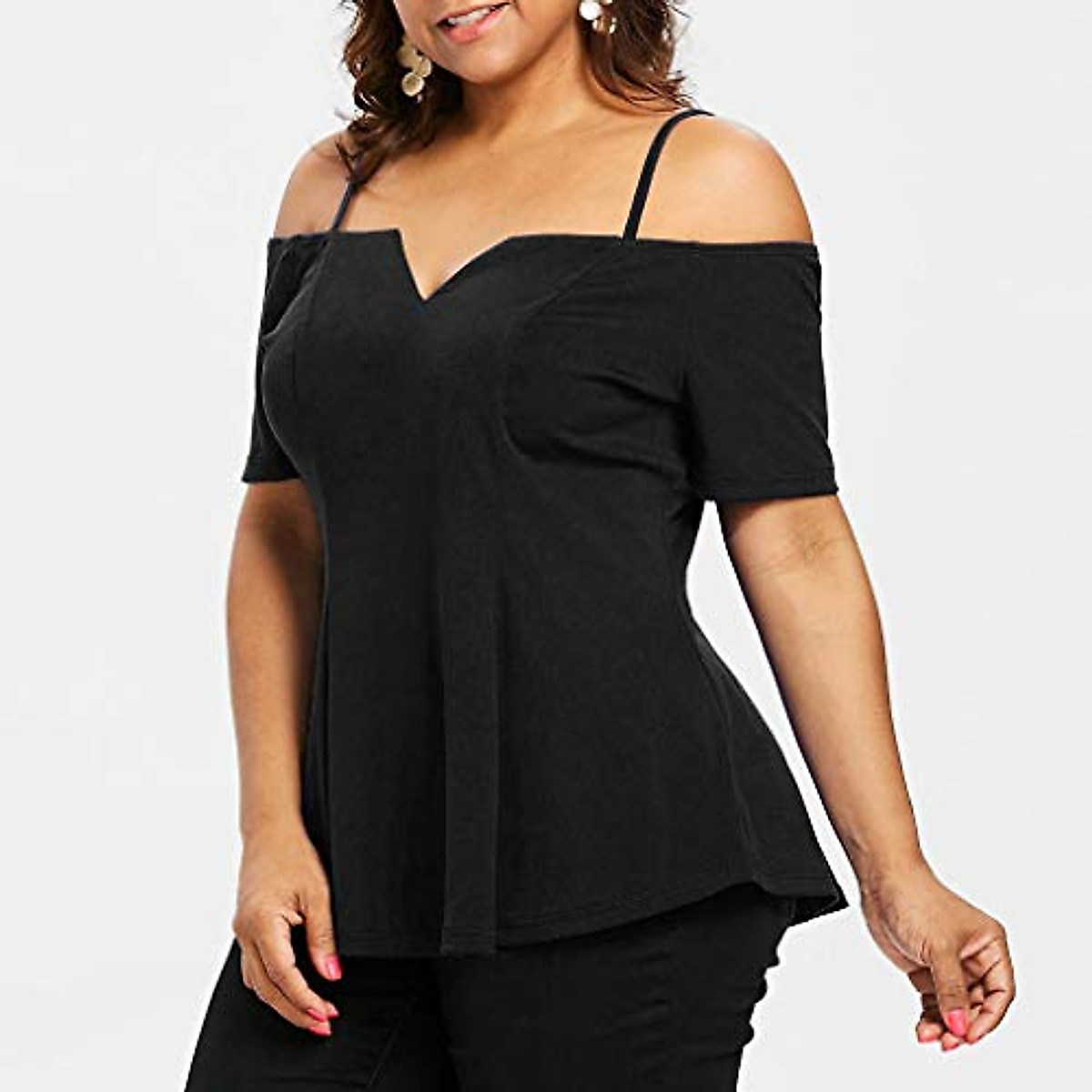 Womens Short Sleeve T Shirt Cold Shoulder Solid Color Blouse Flowy Loose Tops Camisole Tank Tops Plus SizeTunic