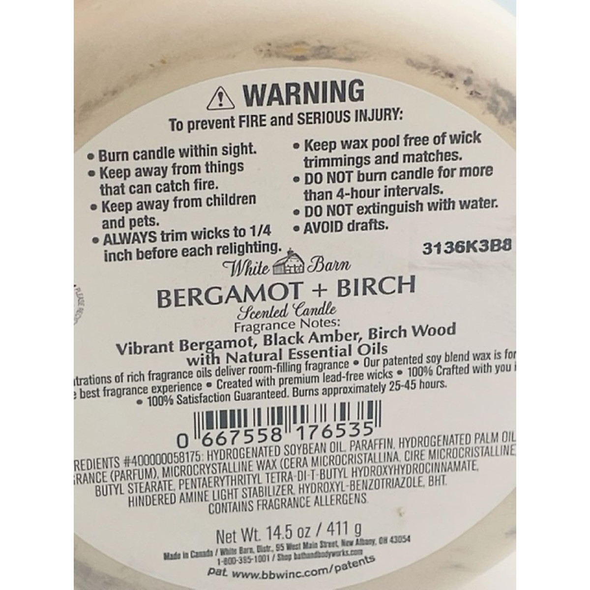 Bergamot + Birch 3 Wick Candle 14.5 Ounce White Barn