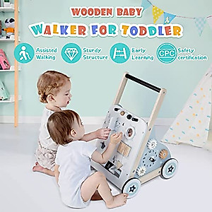 Wooden Baby Walker, Baby Push Walkers, Walker for Baby Boys and Girls, Baby Activity Center, Toddler Montessori Toys for 1+ Year Old, Kids Multi-Activity Learning Walker