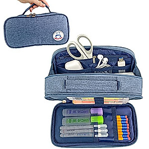 Pencil Case Pen Bag Holder Pouch Large Handle Big Capacity Desk Organizer Storage Marker Box Stationary Makeup Cosmetic Double Zippers for School Office Students Teen (blue)