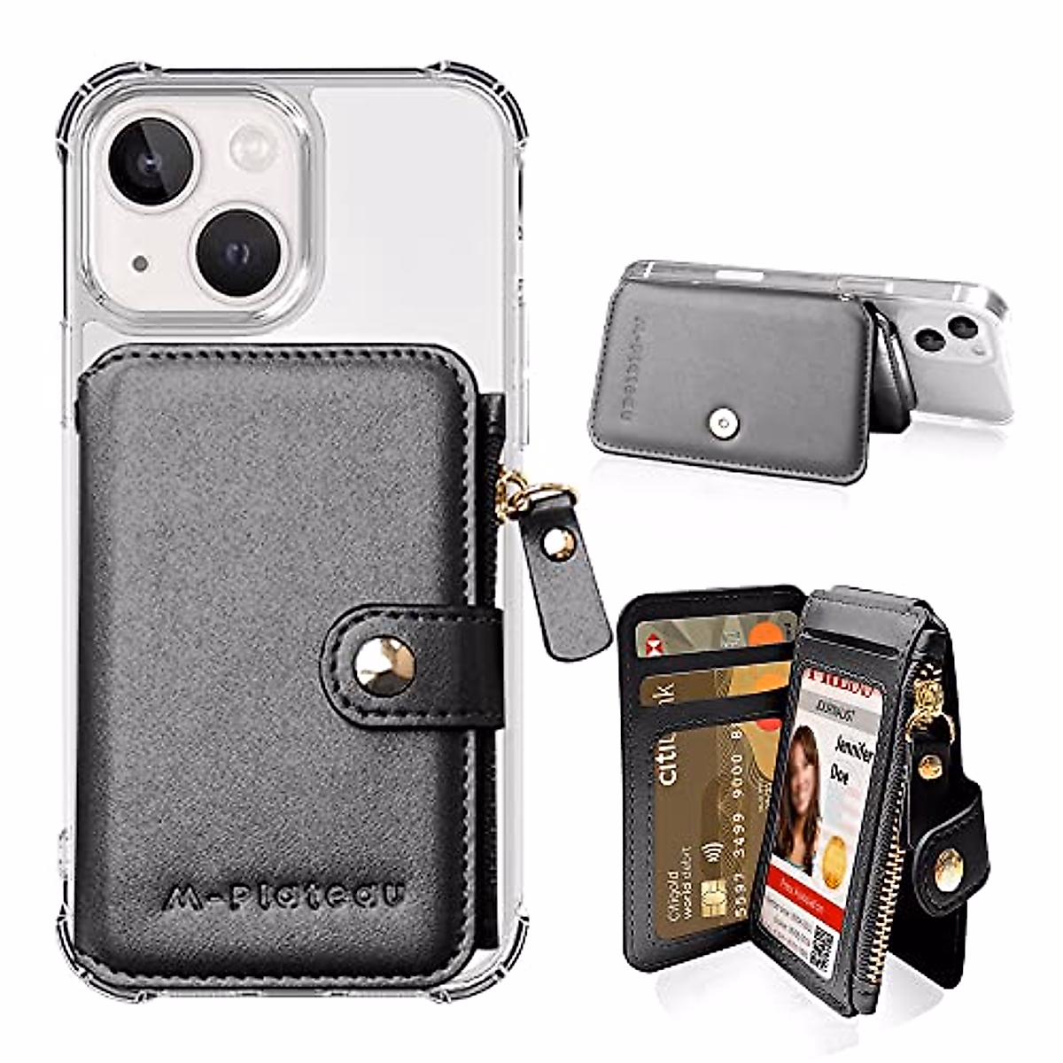 M-Plateau Phone Wallet,Card Holder for Phone Case with with Zipper Coin Purse and Cell Phone Lanyard Work with iPhone 14 and Most of Smart Cell Phones (Black)