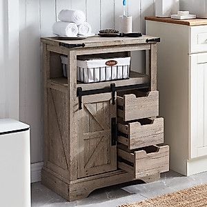 OKD Bathroom Floor Cabinet, Farmhouse Storage Cabinet with Sliding Barn Door & Storage Drawers, Small Storage Cabinet for Bathroom, Kitchen, Living Room, Light Rustic Oak
