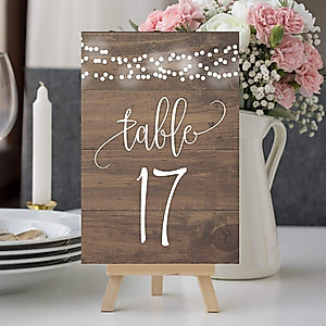 Hadley Designs 1-25 Rustic Wood Lights Table Number Double Sided Signs For Wedding Reception, Restaurant, Birthday Party Calligraphy Printed Numbered Card Centerpiece Reusable Frame Stand 4x6 Size