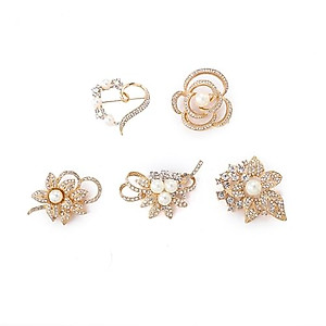 Efavormart 5 Pcs Assorted Gold Plated Pearl and Rhinestone Crystal Rhinestone Brooches Floral Sash Pin Brooch Bouquet Decor