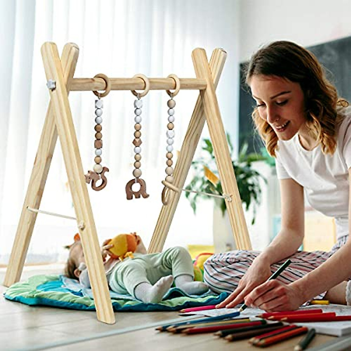 BABY JOY Portable Wooden Baby Gym, Foldable Baby Play Gym Frame with 3 Wooden Baby Teething Toys, Baby Exercise Activity Gym Hanging Bar Newborn Baby Gift (Natural)