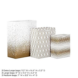 Hallmark Gold Gift Bag Assortment - Diamonds, Stripes, Dots (Pack of 6: 2 Medium 9", 2 Large 11", 2 Extra Large 14") for Chrsitmas, Hanukkah, Graduations, Birthdays, Weddings, Bridal Showers