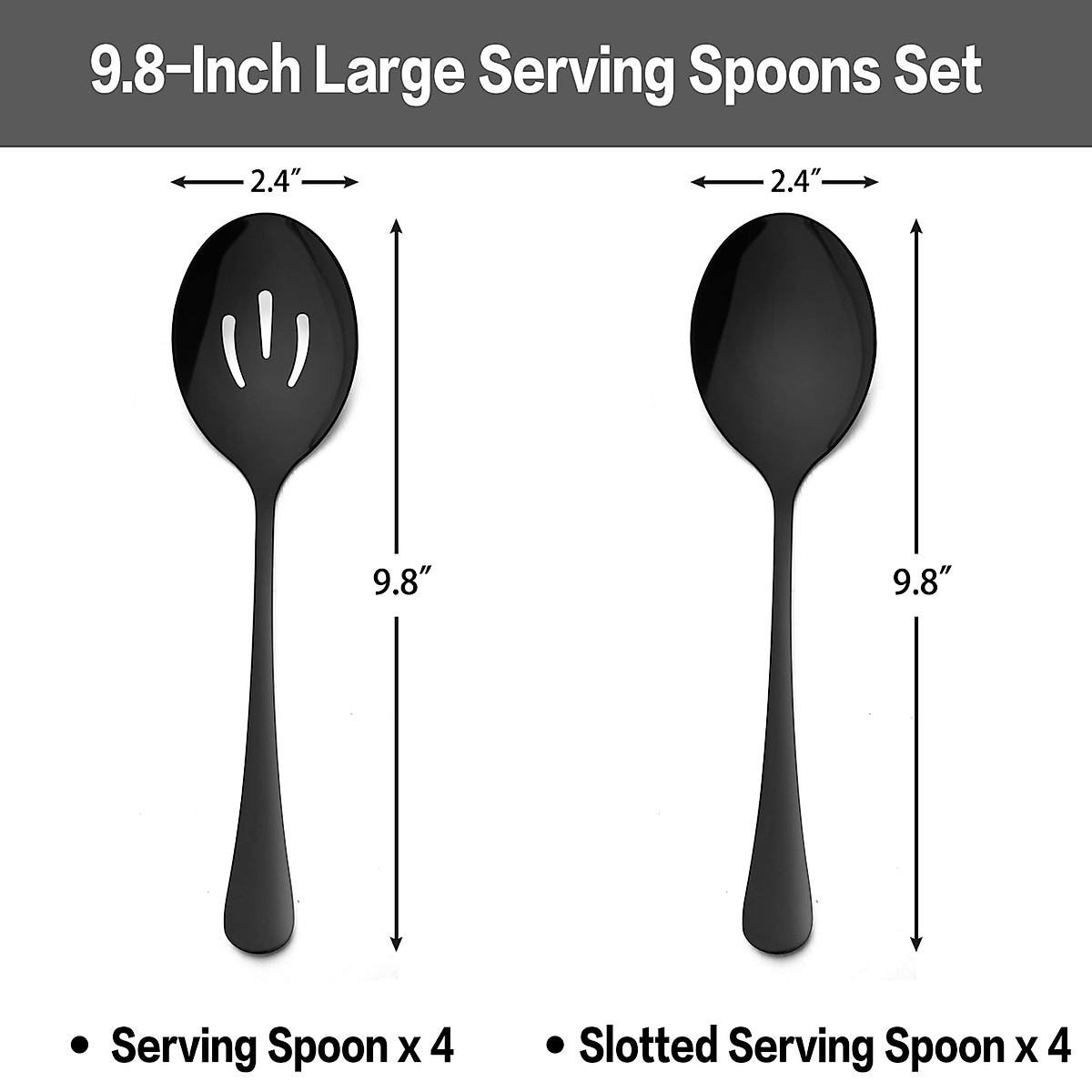 LIANYU 8 Pack Large Black Serving Spoons, Black Slotted Serving Spoons, 9.8 Inch Stainless Steel Serving Utensils Spoon Set for Banquet Catering Buffet Dinner Restaurant Party