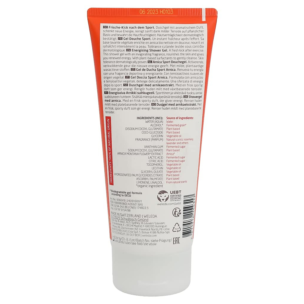 Weleda Sport Arnica Shower Gel, 6.8 Fluid Ounce, Plant Rich Cleanser with Arnica, Rosemary and Lavender