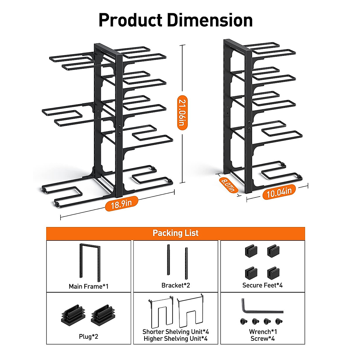 ORDORA Pots and Pans Organizer: under Cabinet, 21" Height Heavy Duty 120LBS Pots Pans Organizer Rack for under Cabinet 8-Tier Adjustable for Big Stockpots, Dutch Ovens, Cast-iron Pans, Heavy Cookware