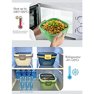 FORZAROCKET Bento Box 57-Oz With 3-Oz Leak Proof Salad Dressing Container For Lunch 4 Compartment Lunch Containers And Salad Bowl With Lid Lunch Spork And Knife Bpa Free (Blue Yellow)