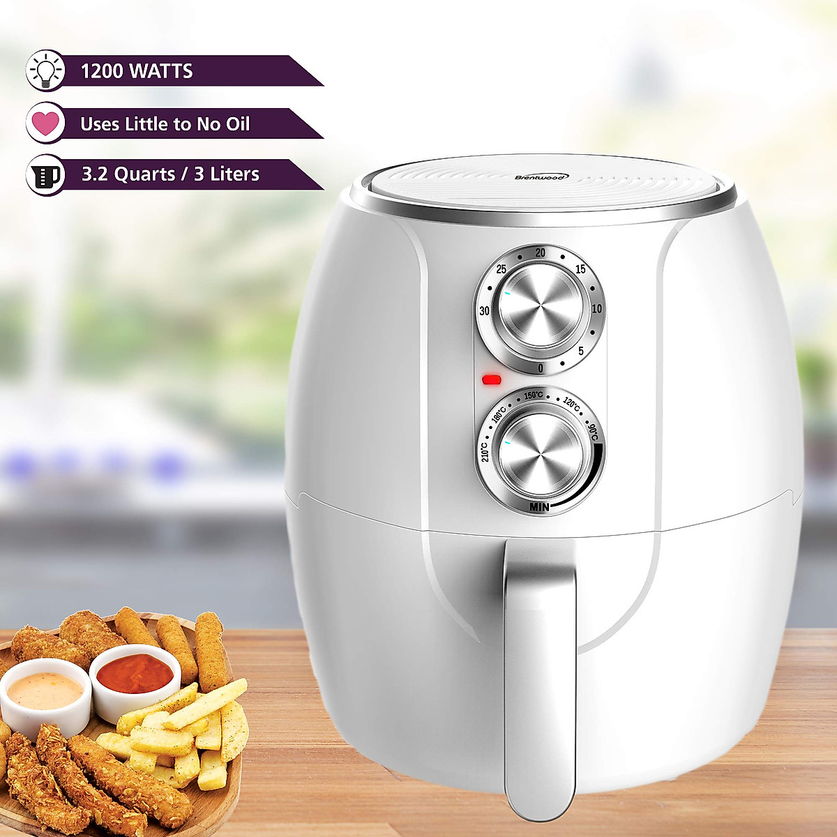 Brentwood 3.2-Quart Small Electric Air Fryer, Timer & Temp. Control (white, silver), Normal, AF-300W