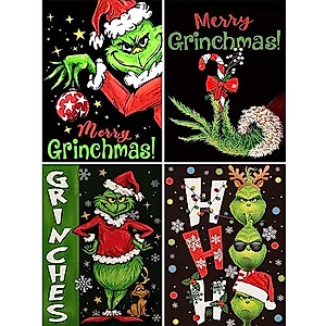 VeGuude Paint by Numbers for Adults and Kids Beginner, 4 Pack Painting by Number Kits On Canvas, Without Frame DIY Christmas Grinch Oil Painting Acrylic Paints, Home Wall Decor Gift 12x16inch