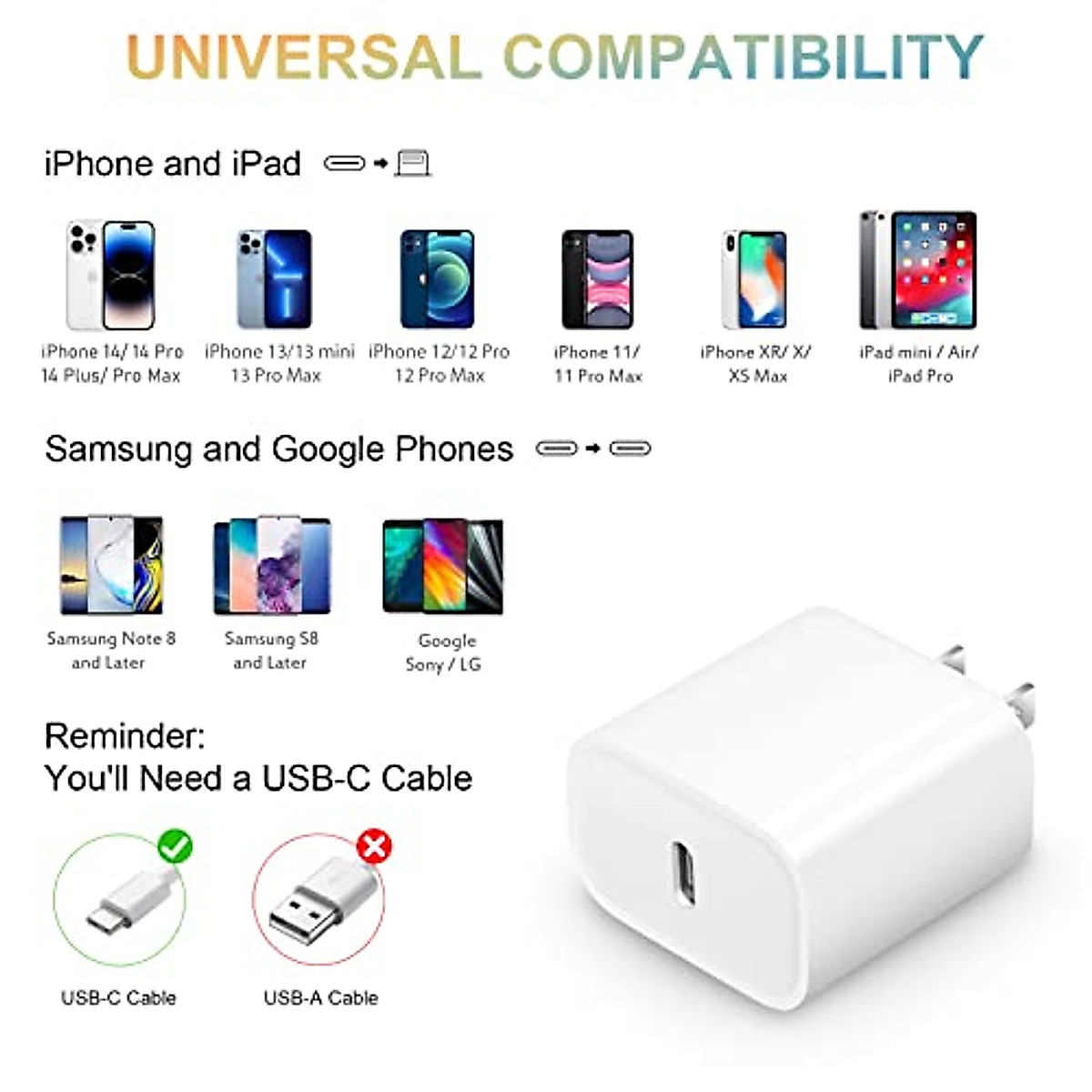 [3 Pack] USB C Wall Charger, iPhone Charger Block 20W PD Power Adapter Compatible with iPhone 14/14 Pro/14 Pro Max/14 Plus/13/12/11, iPad Pro, Google Pixel 7/6/5/4/3, Samsung Galaxy S22 S21 and More