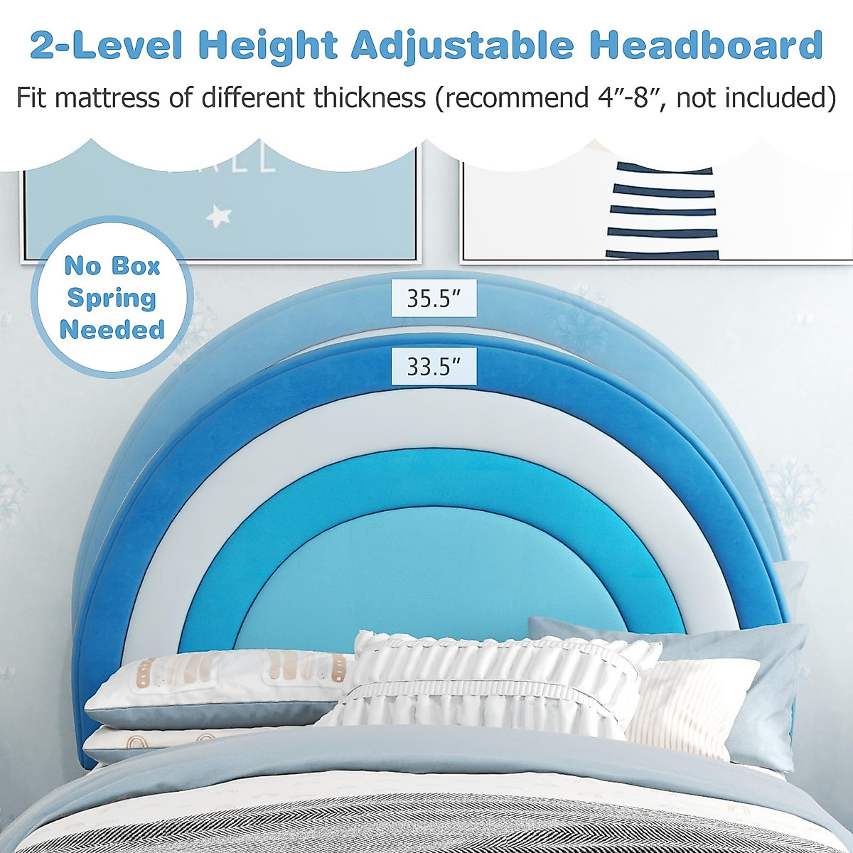 Costzon Twin Bed Frames for Kids, Upholstered Wooden Kids Bed w/Adjustable Headboard, Slats Support, 660 LBS Weight Cap, No Box Spring Needed, Easy Assembly, Twin Platform Bed Frame (Blue Rainbow)