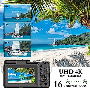 4K Digital Camera for Photography, Autofocus 48MP Vlogging Camera for YouTube with 16X Digital Zoom Macro Camera, 3’’180°Flip Screen Compact Video Camera with Liftable Flash, SD Card&2 Batteries