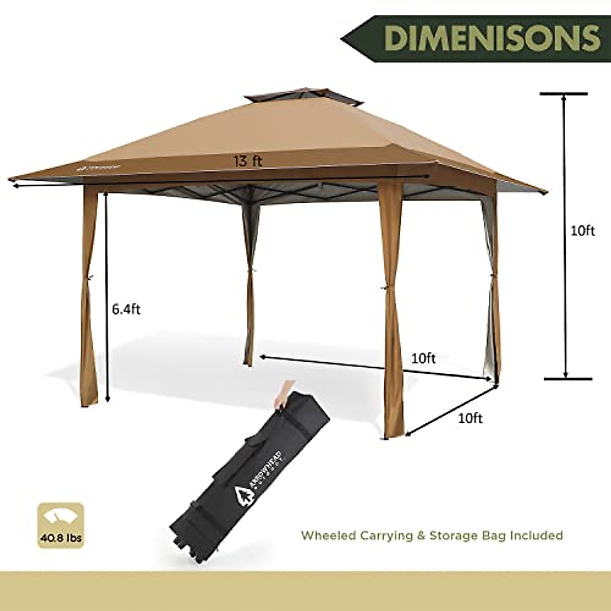ARROWHEAD OUTDOOR 13’x13’ Pop-Up Canopy & Instant Shelter, 150D Fabric Construction, Adjustable Height, Wheeled Carry Bag, Guide Ropes & Stakes Included, Brown & Tan v2 (New) (KGS0389U)