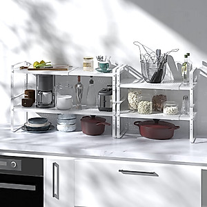 Expandable Cabinet Shelf Organizer Adjustable Metal Spice Rack Stackable Freestanding Counter Storage Shelves for Kitchen Cabinet Under Sink Office Desk (White - 1Pack - L16.5-27'' * W10.2'' * H9.6'')