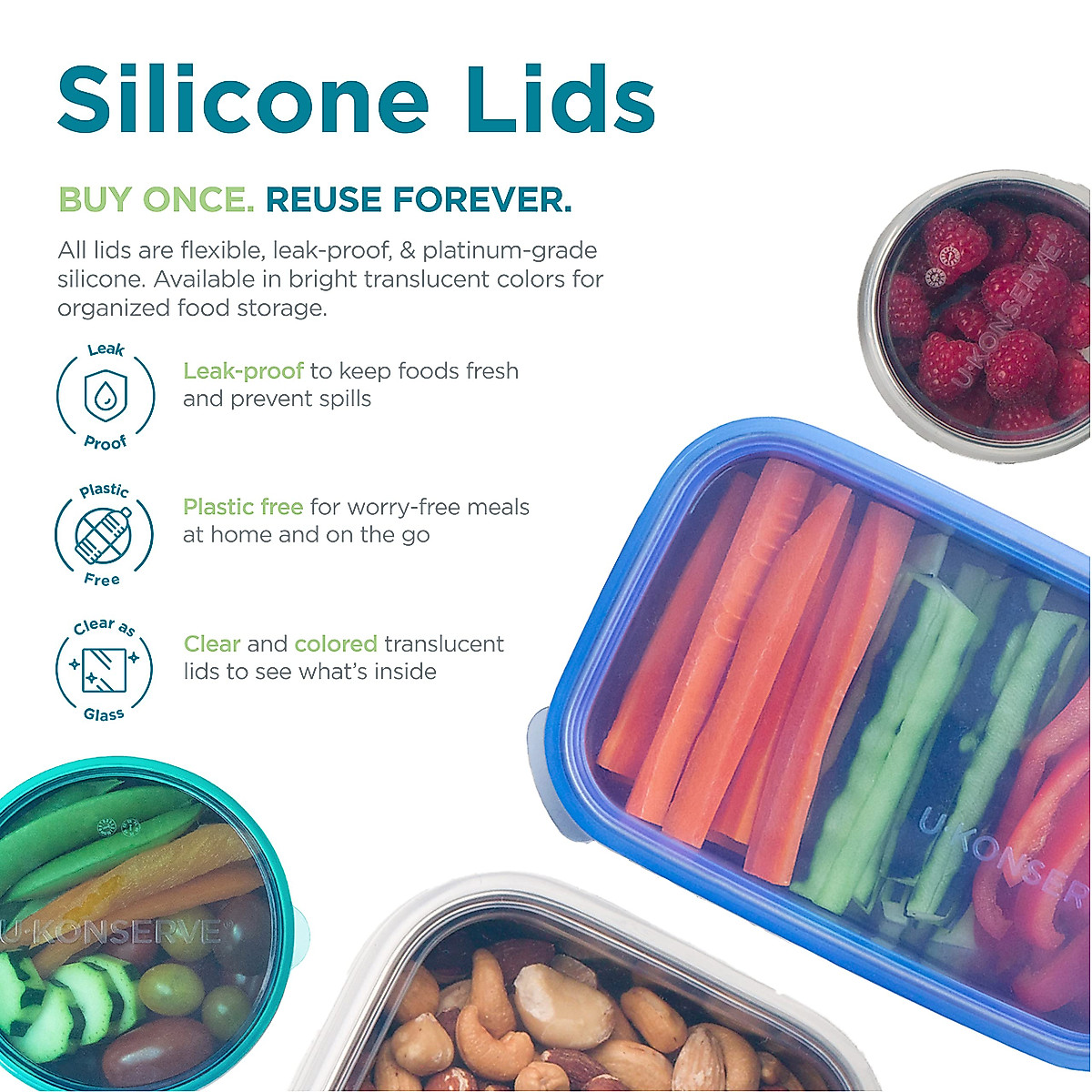 U Konserve Stainless Steel Food Storage Bento Box Container, Leak Proof Silicone Lid Dishwasher Safe - Plastic Free (15oz Clear)