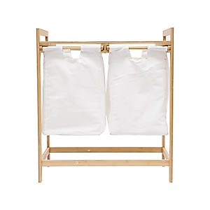 Bamboo Laundry Hamper Basket,Portable Laundry Basket,2 Sections Laundry Clothes Hamper Sorter with Removable Sliding Bag Shelf,Storage Wooden Laundry Sorter for Bedroom,Laundry,Bathroom