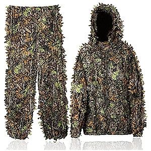 Ghillie Suit 3D Leafy Camo Suit Youth Adult Lightweight Hunting Camouflage Suits Turkey Camo Hunting Gear Camo Clothing Hooded Apparel Gilly Suit for Hunting Shooting Airsoft Wildlife Photography