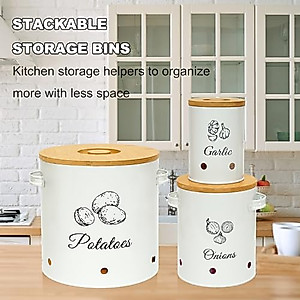 Holismo Potato Storage For Pantry, 3 Containers Kitchen Counter Organizer Countertop Onion and Potato Storage bin with Garlic Holder, Kitchen Canisters Vegetable Keeper with bamboo lid