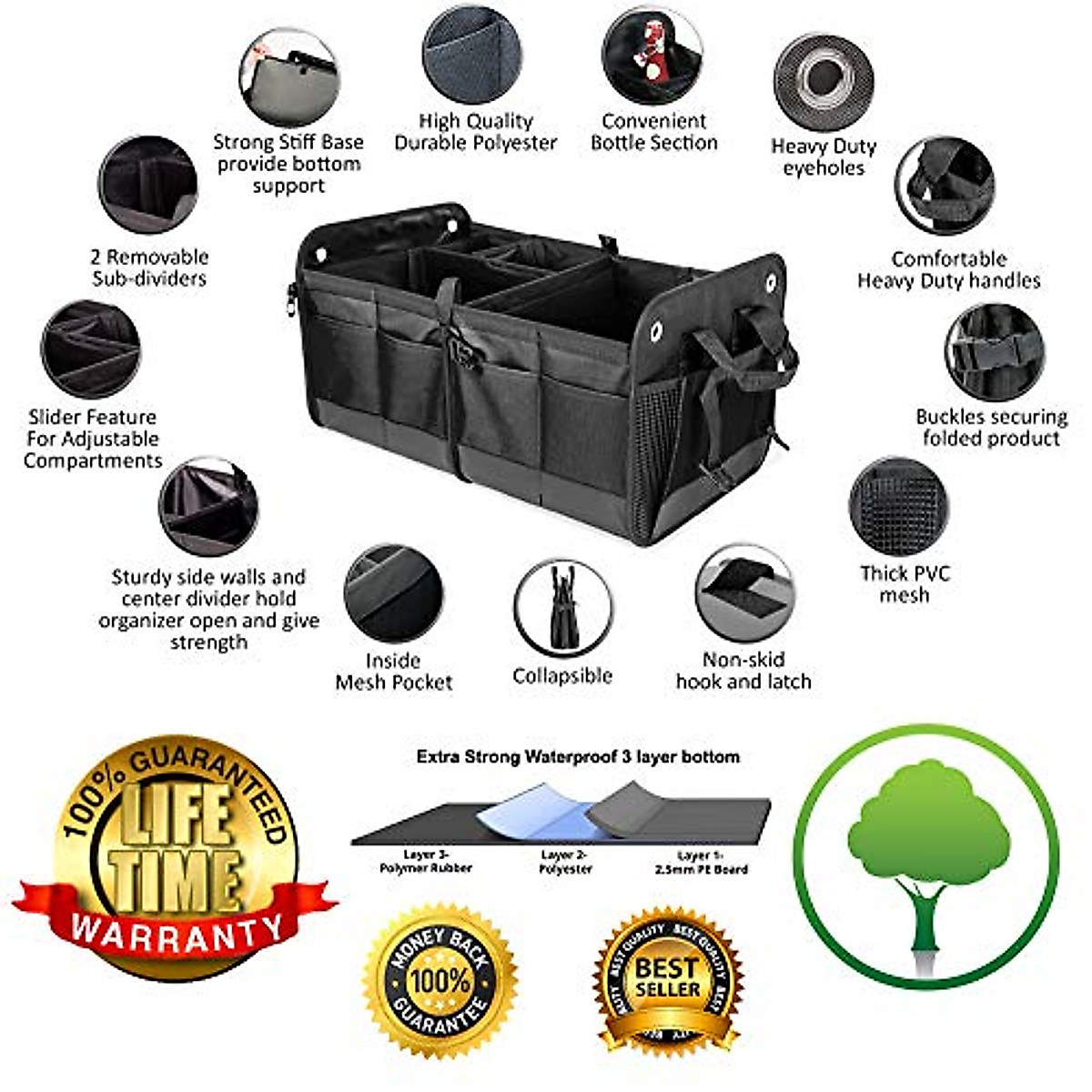 TrunkCratePro car storage organizer, trunk organizer for car, suv, jeep, jeep, truck, rv, auto - Premium Multi Compartments Collapsible car organizer, gifts & car accessories for women, men (Regular, Black) 23.6" (L) x14.6" (W) x12.5" (H)