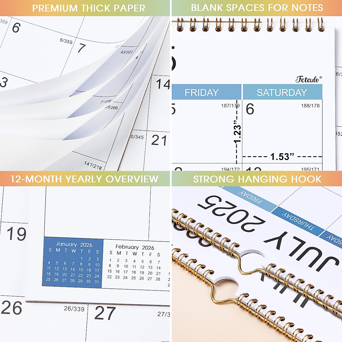 2025-2026 Wall Calendar - Jul 2025 - Dec 2026, 18 Monthly Hanging Calendar 2025-2026 Planner, 15" x 11.5", Spiral Binding, Yearly Overview, Holidays, Large Blocks, Perfect Organizer for Home & Office