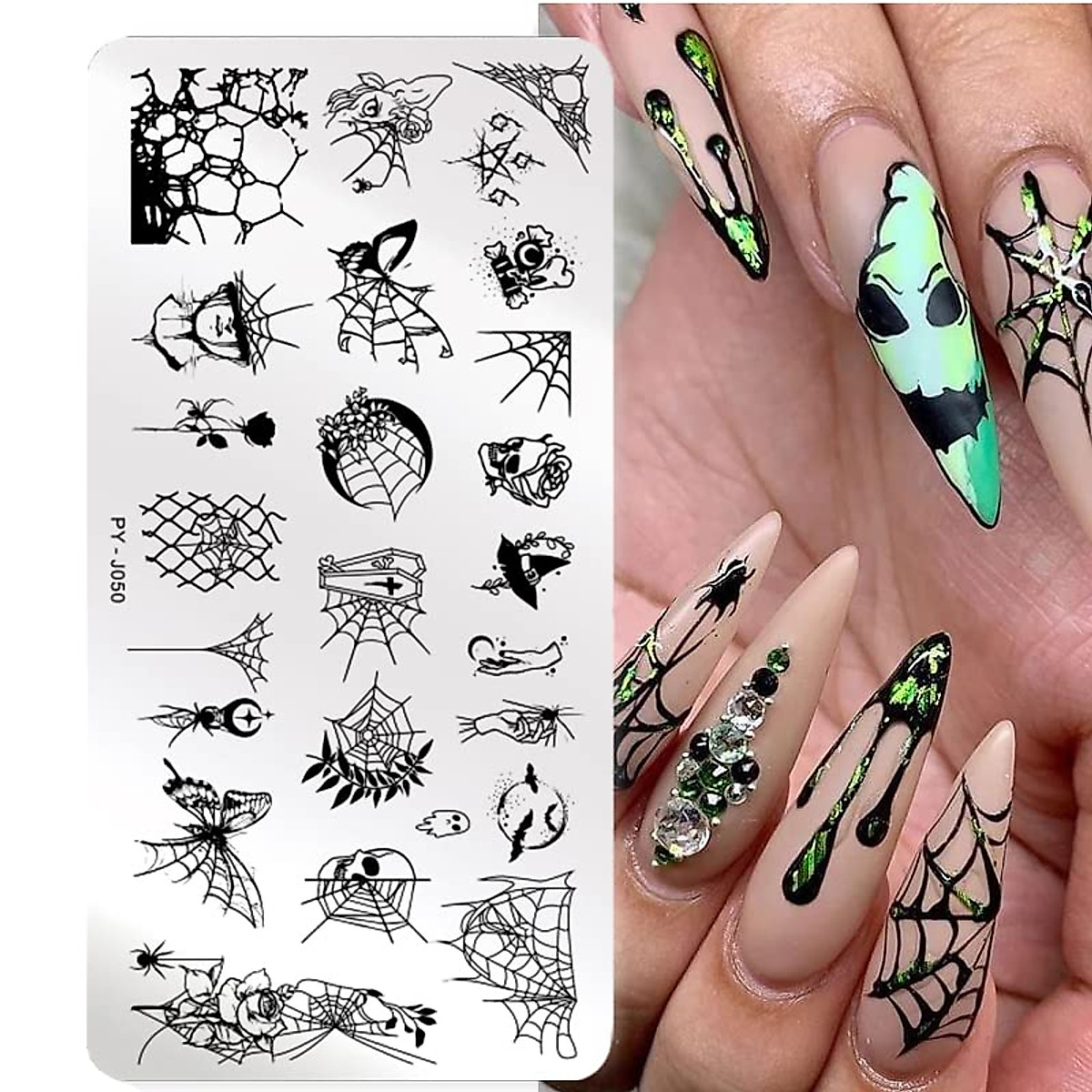 6Pcs Halloween Nail Stamping Plates Fall Maple Leaf Nail Stamper Template Kit Ghost Bat Skull Spider Web Design Nail Decorations Supplies with 1 Stamper 1 Scraper