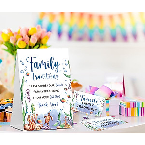 Baby Shower Games Family Traditions Sign, 1 Standing Sign and 50 Cards, Ocean Under The Sea Gender Neutral Decoration, Gender Reveal Party, Bridal Shower Favor Supplies-LT58