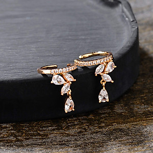 Gold Dangle Hoop Ear Cuff Dainty Cubic Zirconia Flower Dangle 14K Gold Plated Earrings Non Pierced Clip on Cartilage Hypoallergenic Jewelry Gift for Women