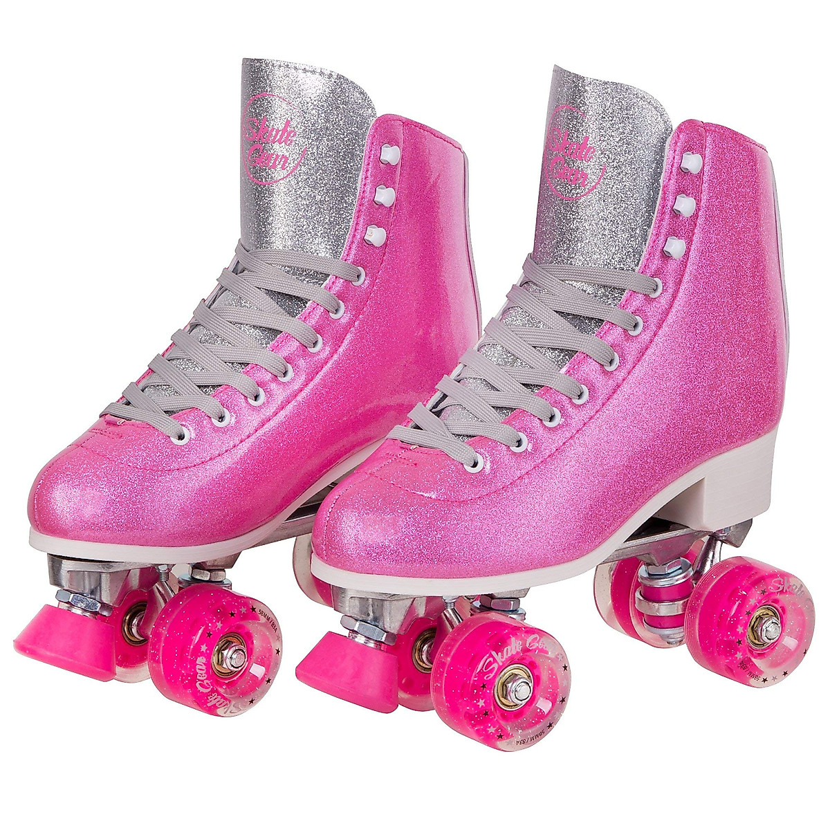 C SEVEN Sparkly Retro Quad Roller Skates (Glitter Pink, Women's 7 / Youth 6 / Men's 6)