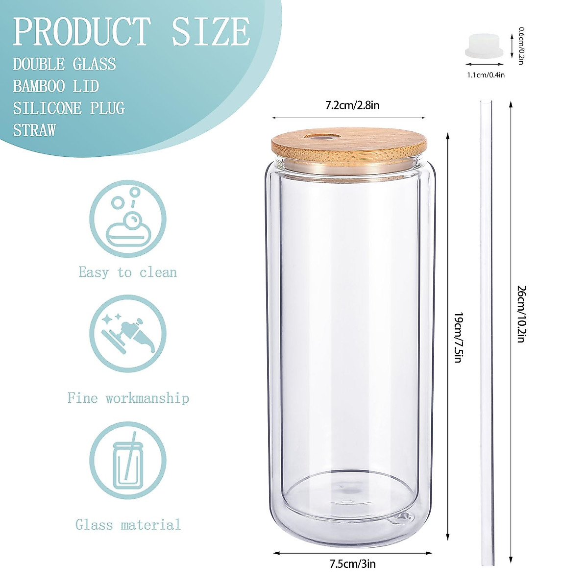 YOUKE OLA 6 Pack Pre Drilled Beer Glass Can Shaped Blank Double Wall Glass Cans with Rubber Stopper Bamboo Lid & Glass Straws for Snow Globe Glitter DIY 16oz