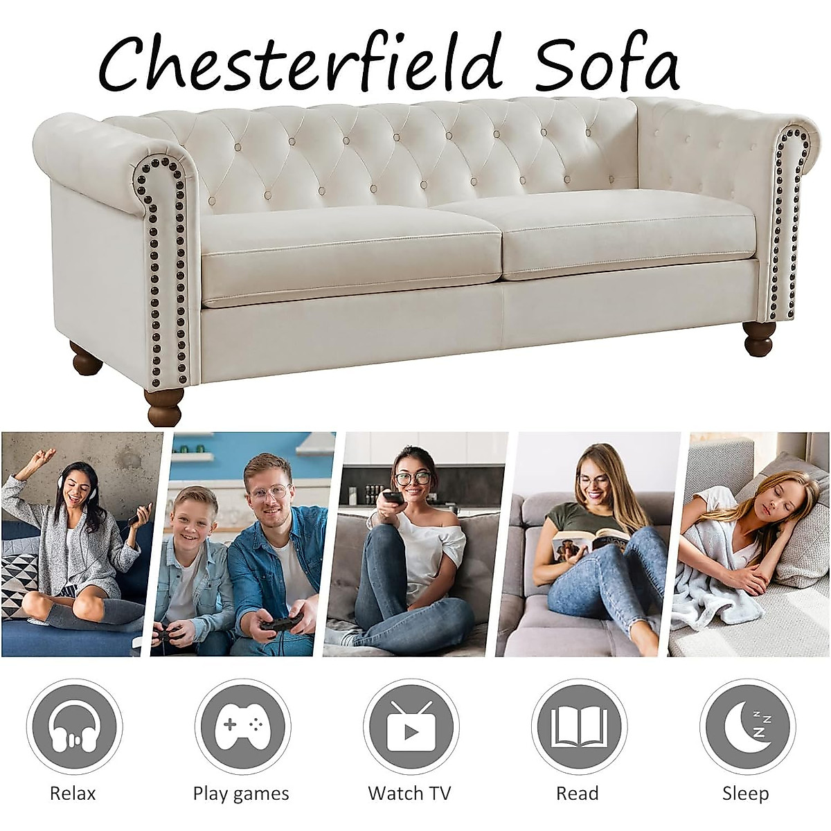 LAVHOME Classic Traditional Living Room Upholstered high-tech Surface/Chesterfield Tufted Fabric Sofa Couch, Large-White